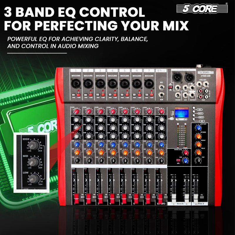 5 Core Audio Mixer DJ Equipment Digital Sound Board Karaoke XLR Mixers 8 Channel Bluetooth USB ...